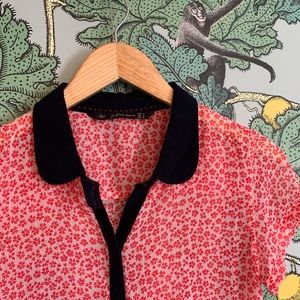 Zara | Tops | Zara Sheer Pink Floral Blouse With Navy Collar | Poshmark